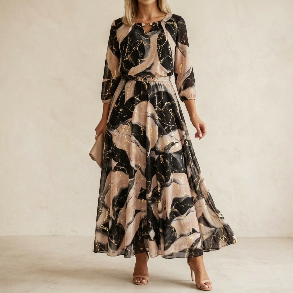 Vivara™ – Marble Gold Chiffon Maxi Dress – Clarendale